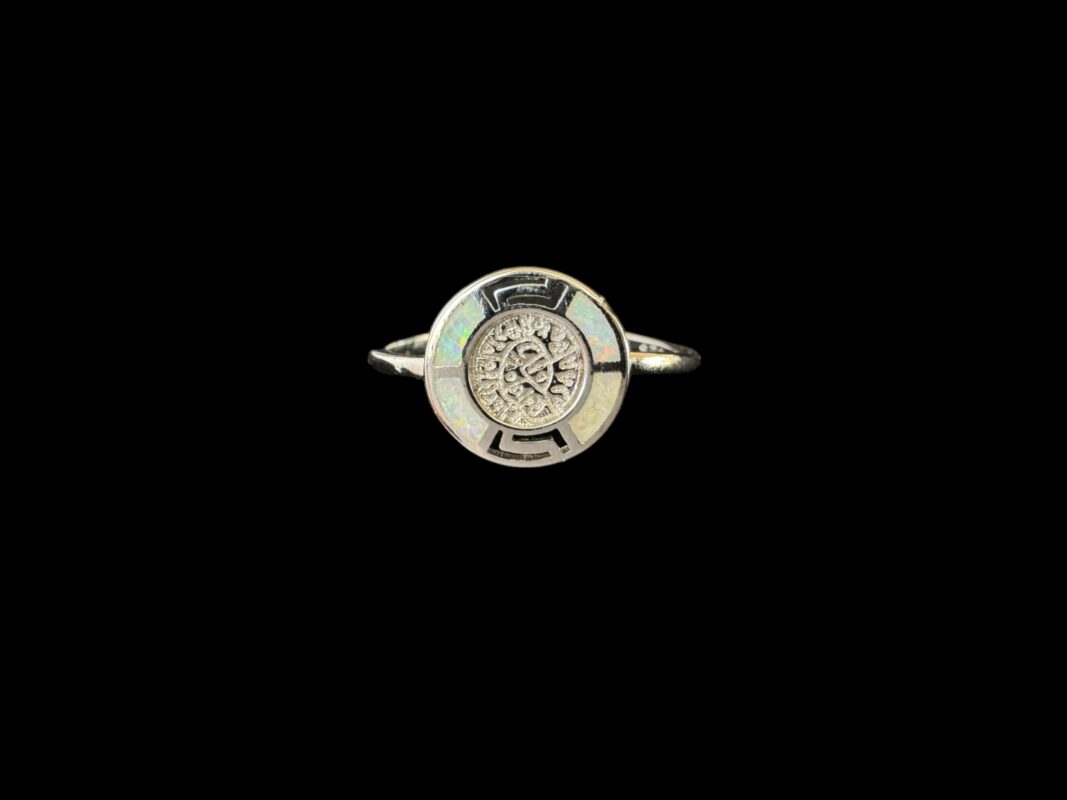 White Opal Ring Phaistos Disk Halo - Lefkara Silver Jewellery
